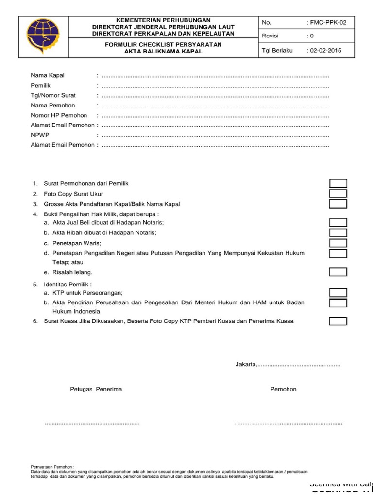 078bb Formulir Checklist Persyaratan Akta Baliknama Kapal - 1 | PDF