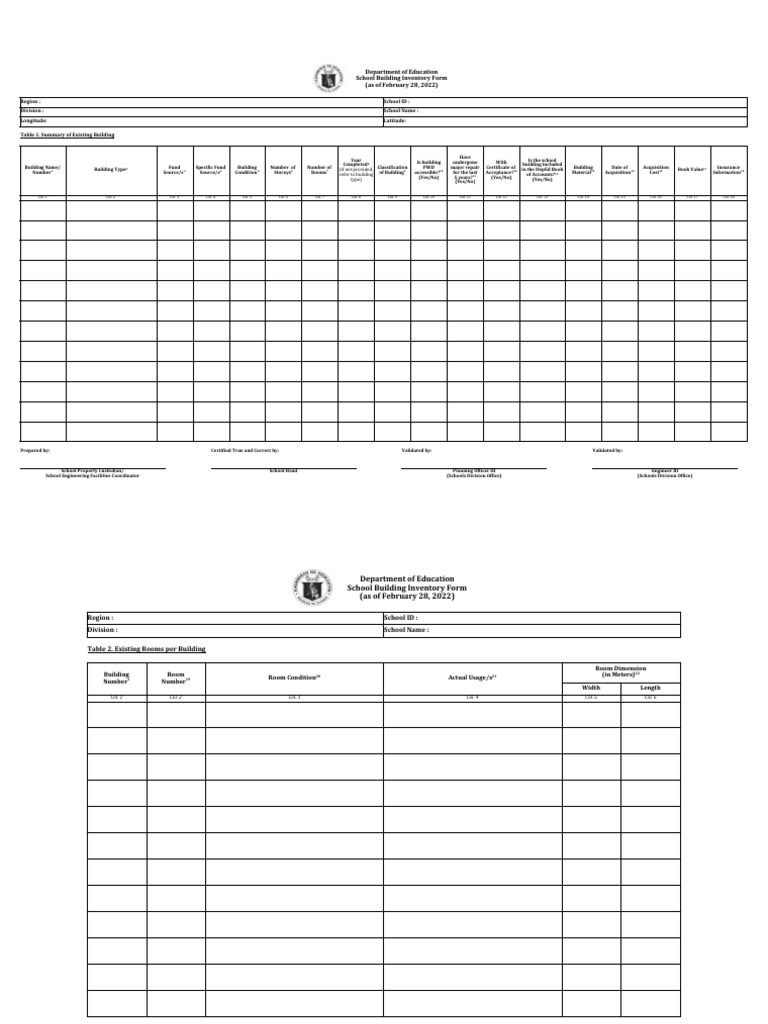 Department of Education School Building Inventory Form (As of February ...