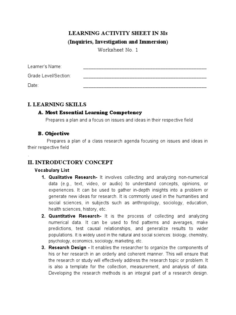 Learning Activity Sheet in 3is (Inquiries, Investigation and Immersion) | PDF | Qualitative ...