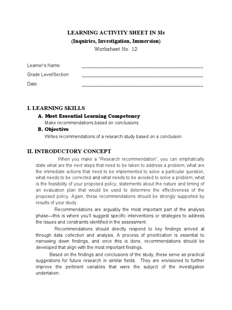 Learning Activity Sheet in 3is (Inquiries, Investigation, Immersion) | Download Free PDF ...