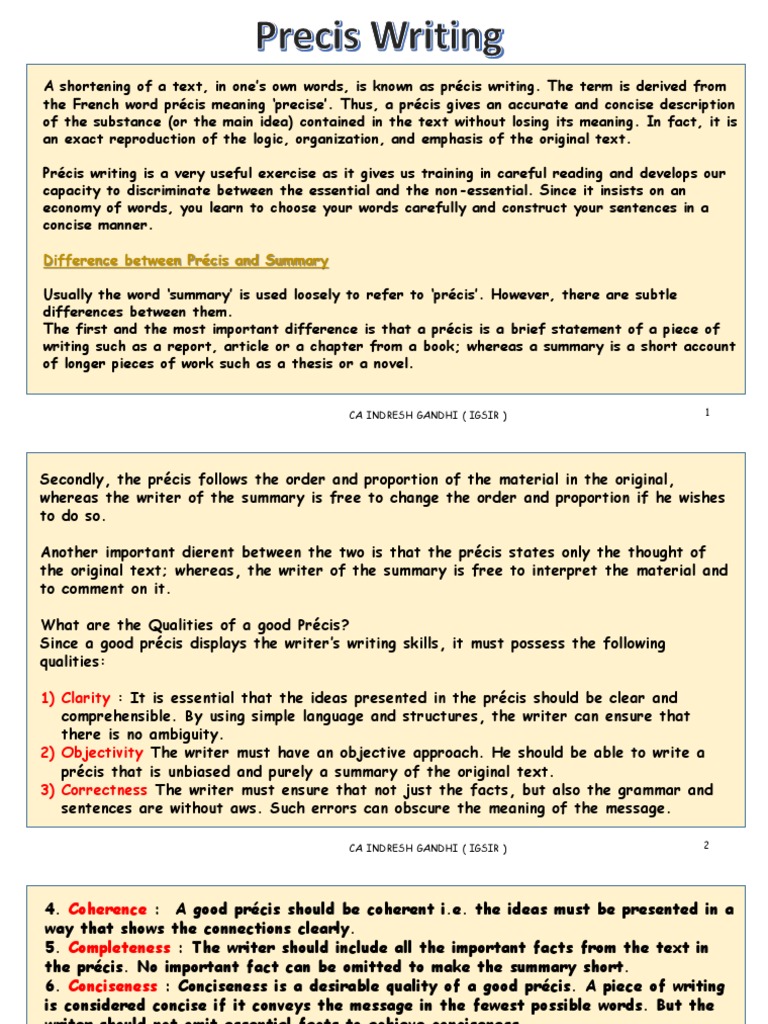 Difference Between Précis and Summary: Ca Indresh Gandhi (Igsir) | PDF ...