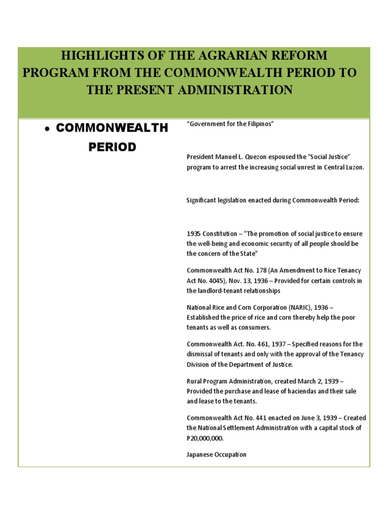 Highlights of The Agrarian Reform Program From The Commonwealth Period ...