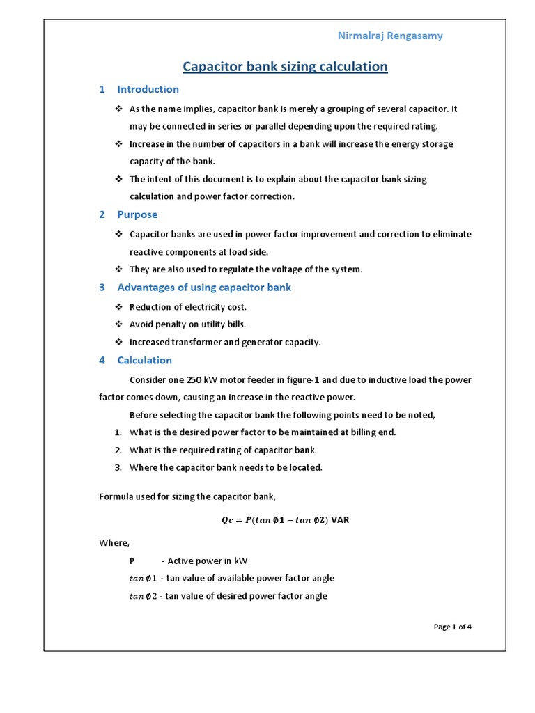 Capacitor Bank Sizing Calculation Guide | PDF | Capacitor | Nature