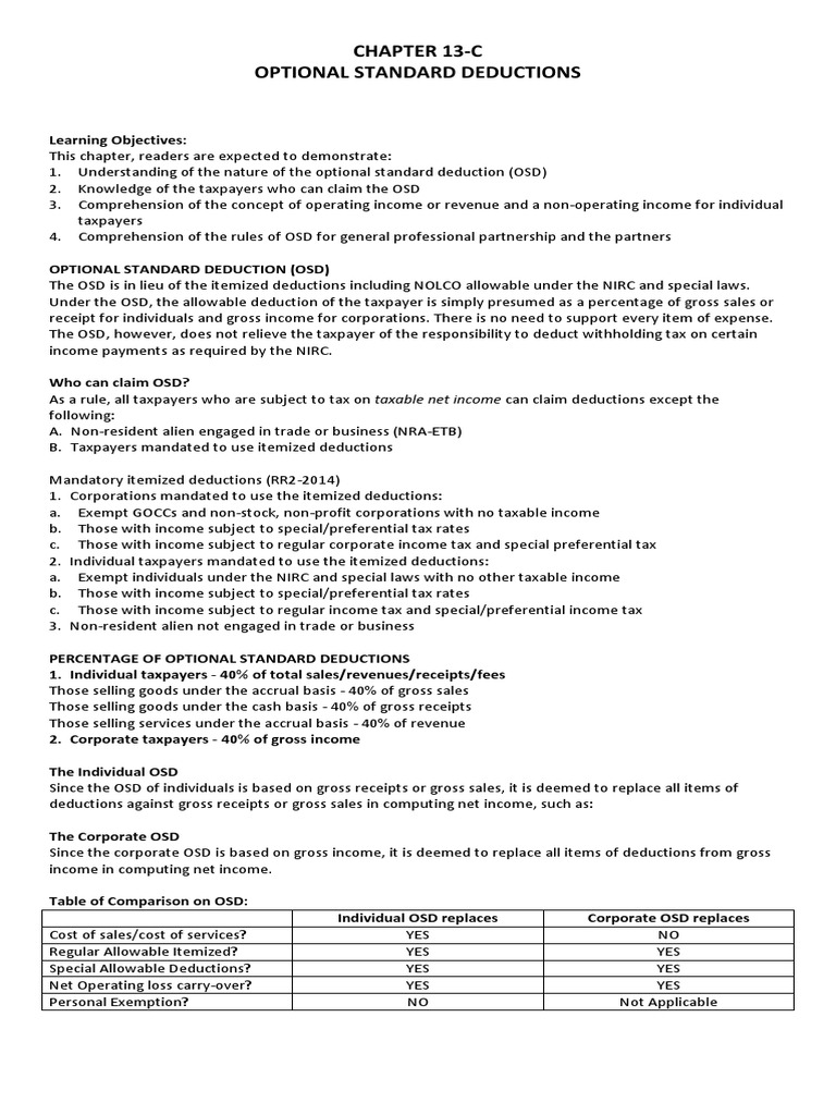 Chapter 13C Optional Standard Deductions | PDF | Tax Deduction | Gross Income