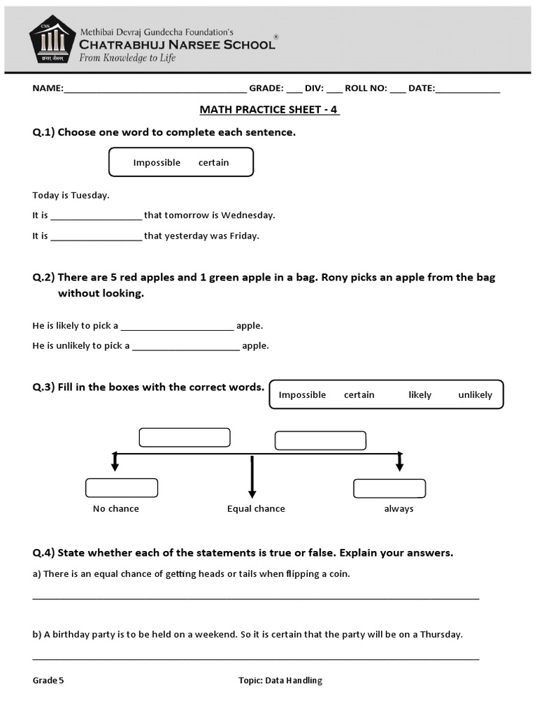 4 Tuesday - Unit 10 - Practice Sheet 5 | PDF | Probability