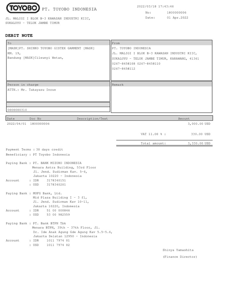 Pt. Toyobo Indonesia: Debit Note | PDF