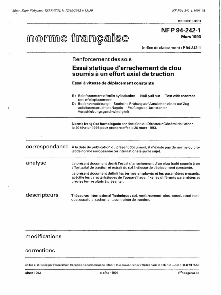 NF P 94-242-1 Essais Arrachement de Clous | PDF