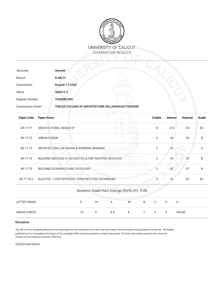 University of Calicut - Online Results | PDF