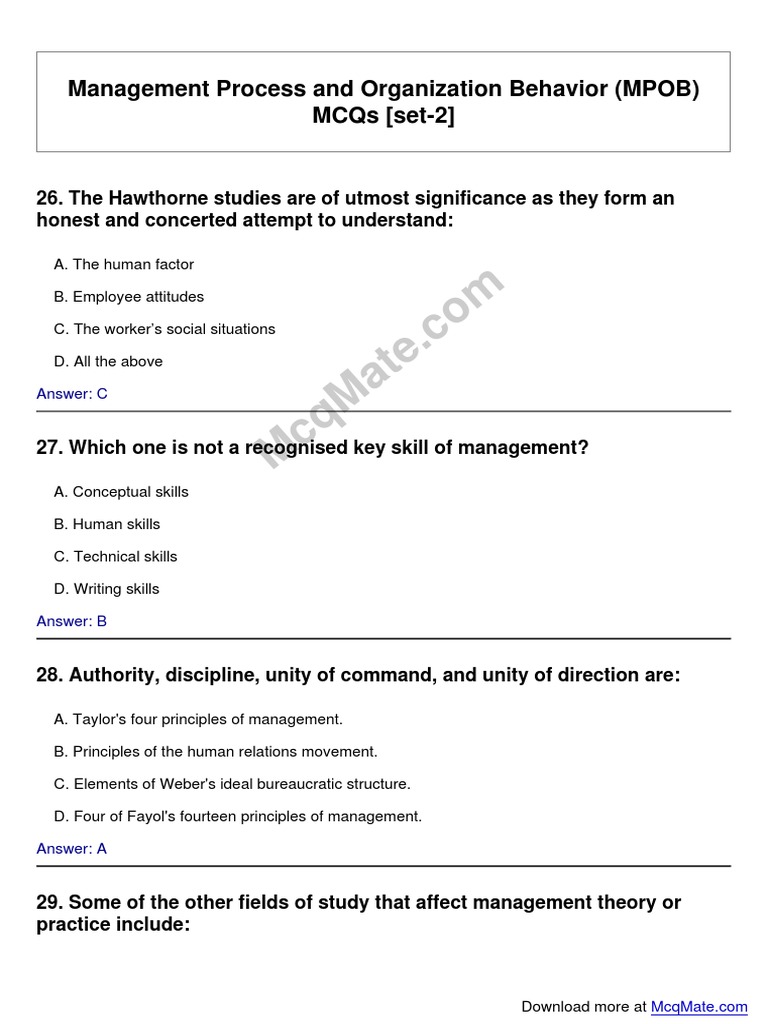 MPOB Management Process MCQs Set 2 | PDF | Organizational Behavior | Applied Psychology