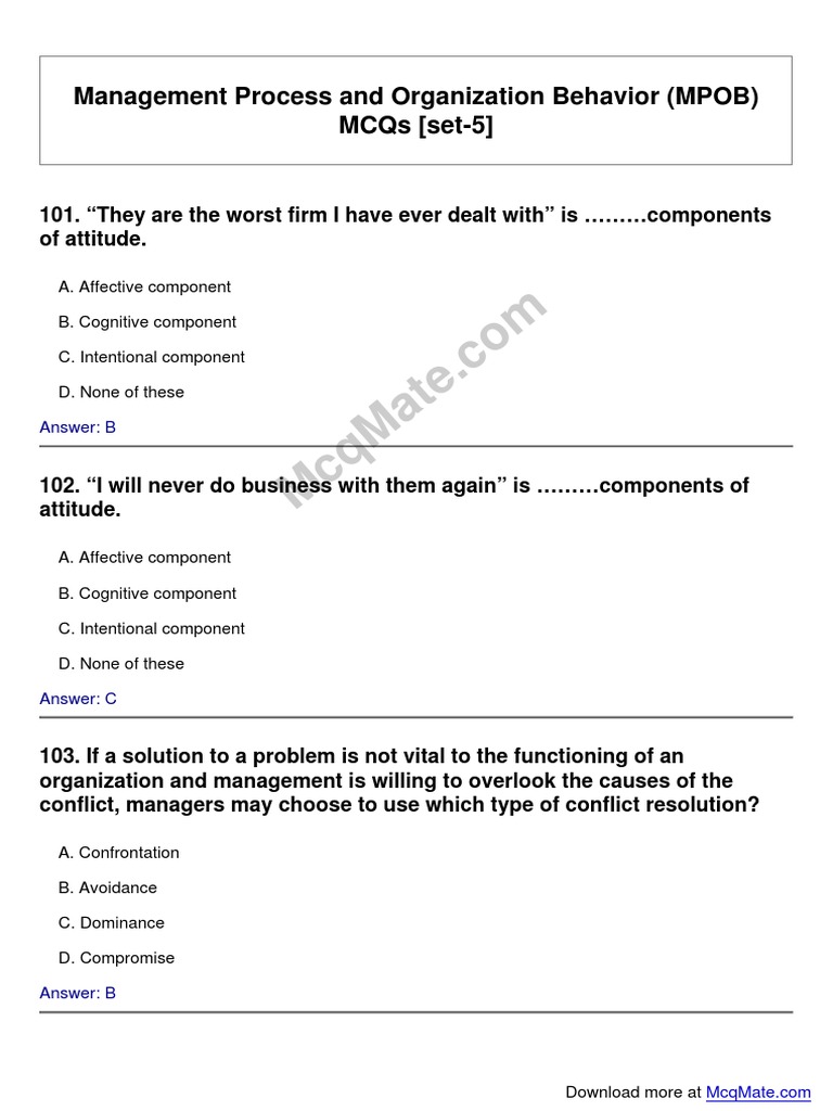 Management Process and Organization Behavior (MPOB) Solved MCQs (Set-5) | PDF | Learning ...