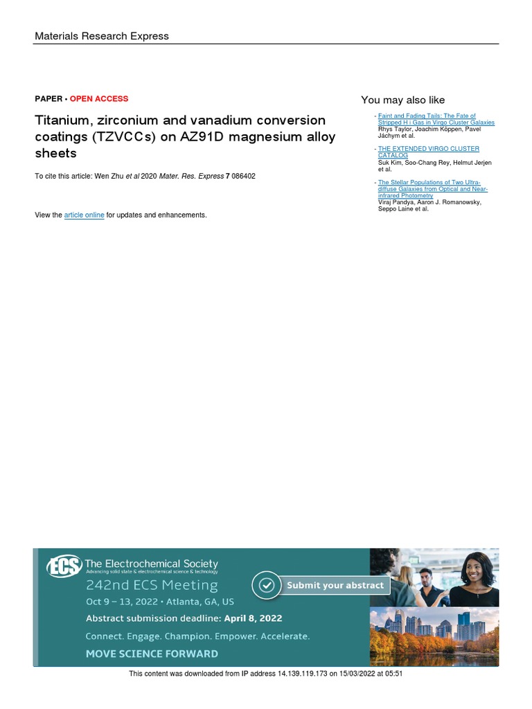 Titanium, Zirconium and Vanadium Conversion Coatings (TZVCCS) On Az91D ...