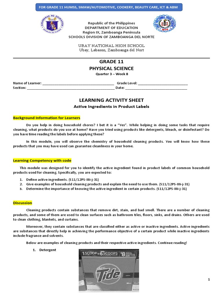 PHYSICAL SCIENCE LAS Active Ingredients in Product Labels | PDF ...