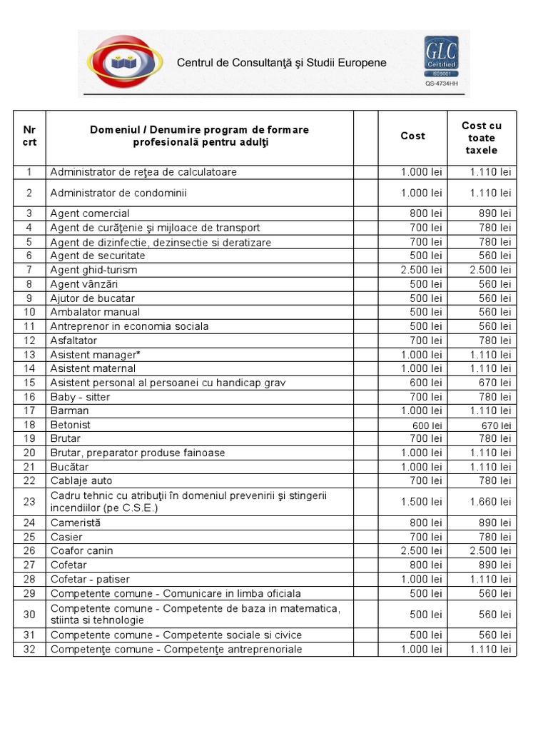 Tarife Cursuri CCSE | PDF