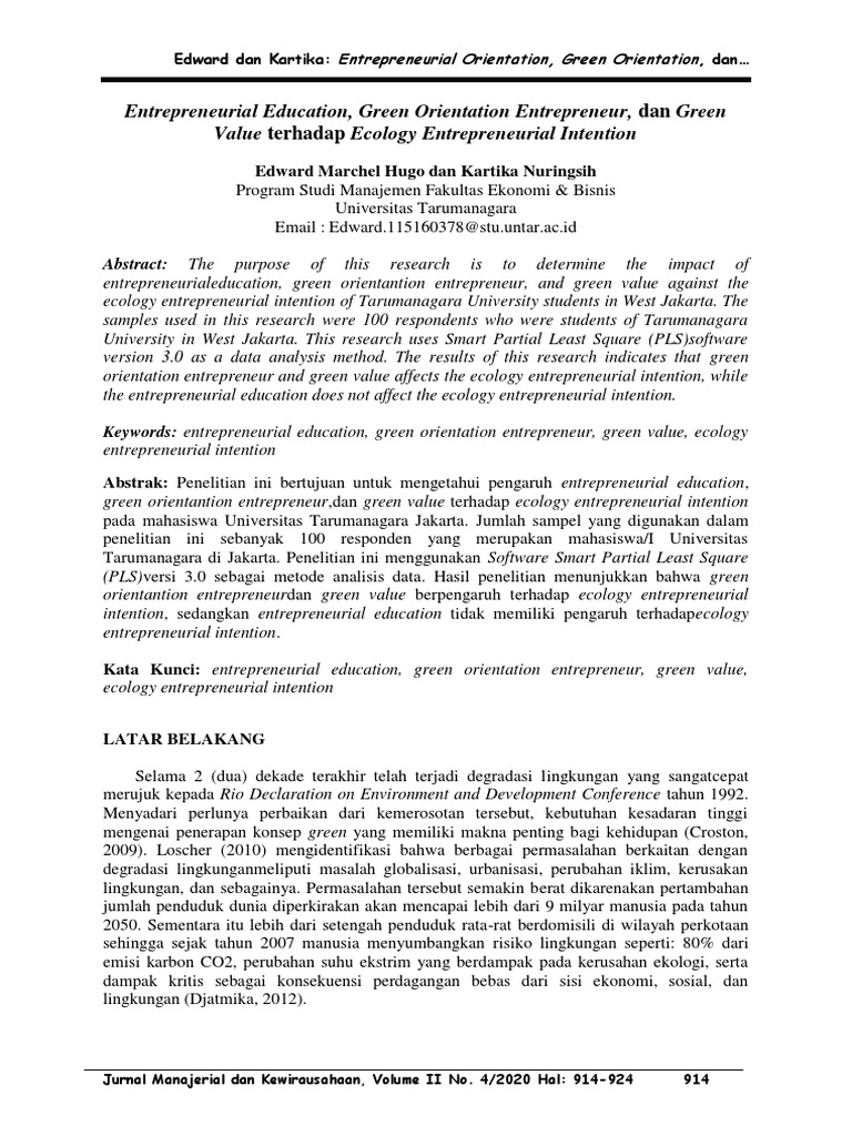 Entrepreneurial Education, Green Orientation Entrepreneur, Dan Green Value Terhadap Ecology ...