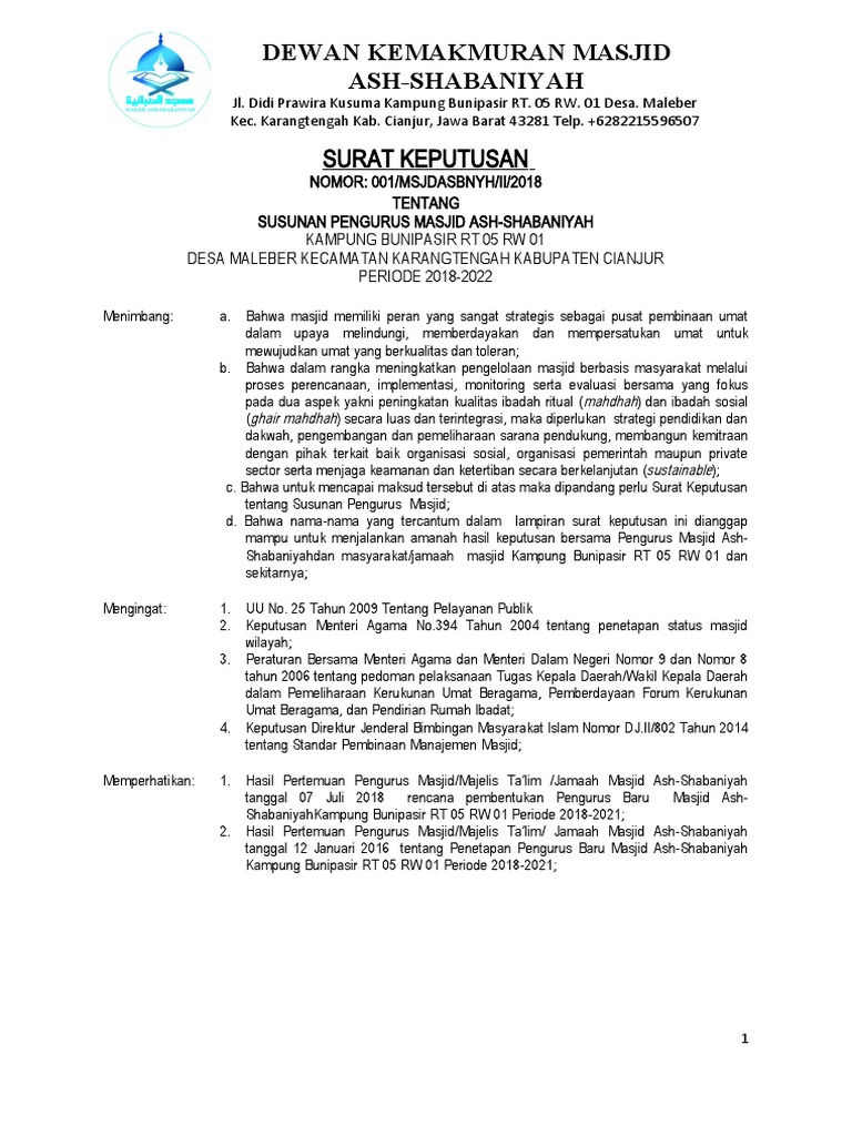 SK Pengurus Takmir Masjid 2016-2019 | PDF