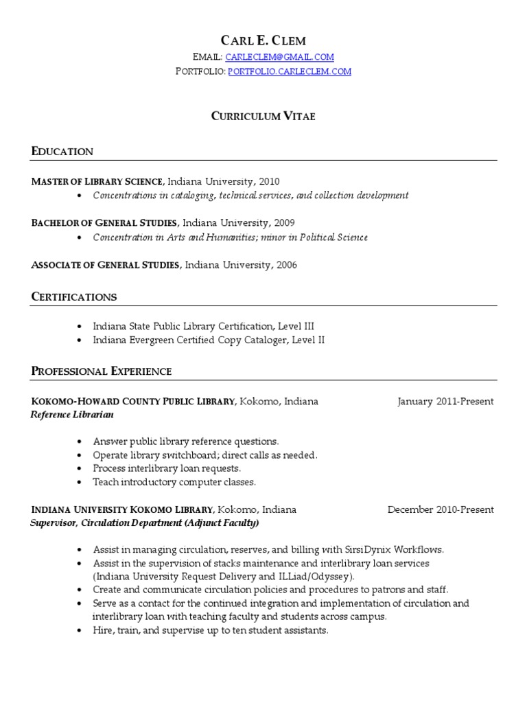 Carl E Clem CV-Portfolio | PDF | Librarian | Indiana University Bloomington