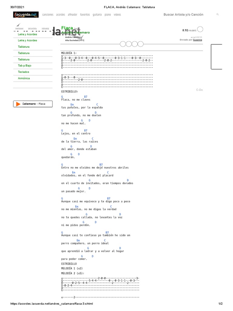 Tablatura y Acordes de "Flaca" | PDF