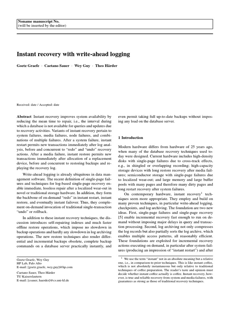 Instant Recovery With Write-Ahead Logging | PDF | Backup | Database Transaction