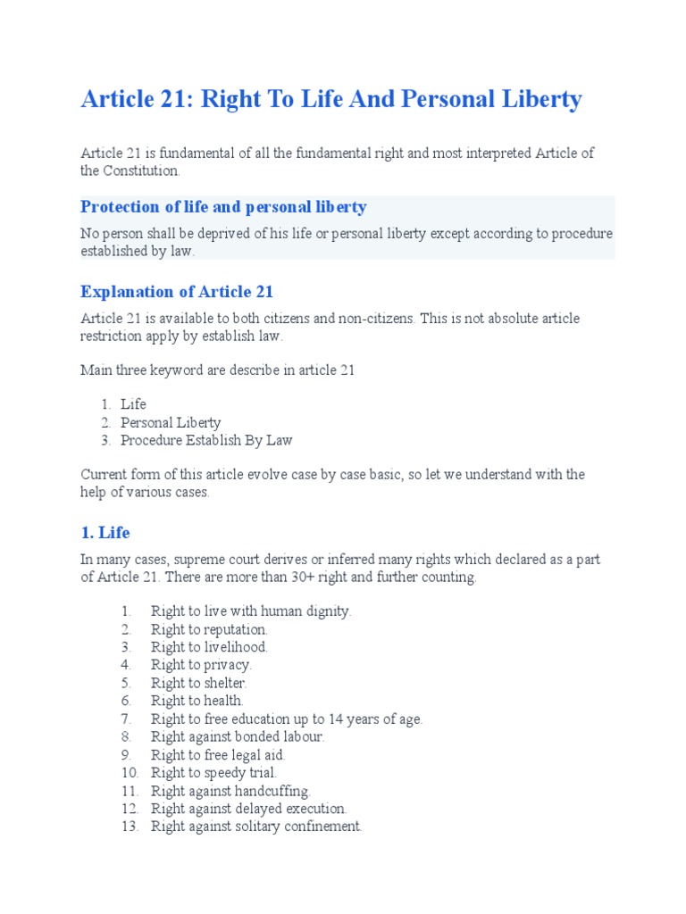 Article 21 - Right To Life and Personal Liberty | PDF | Due Process ...