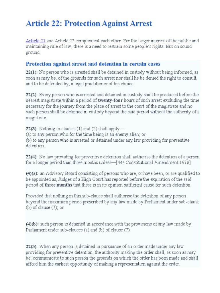 Article 22 - Protection Against Arrest | PDF | Arrest | Remand (Detention)