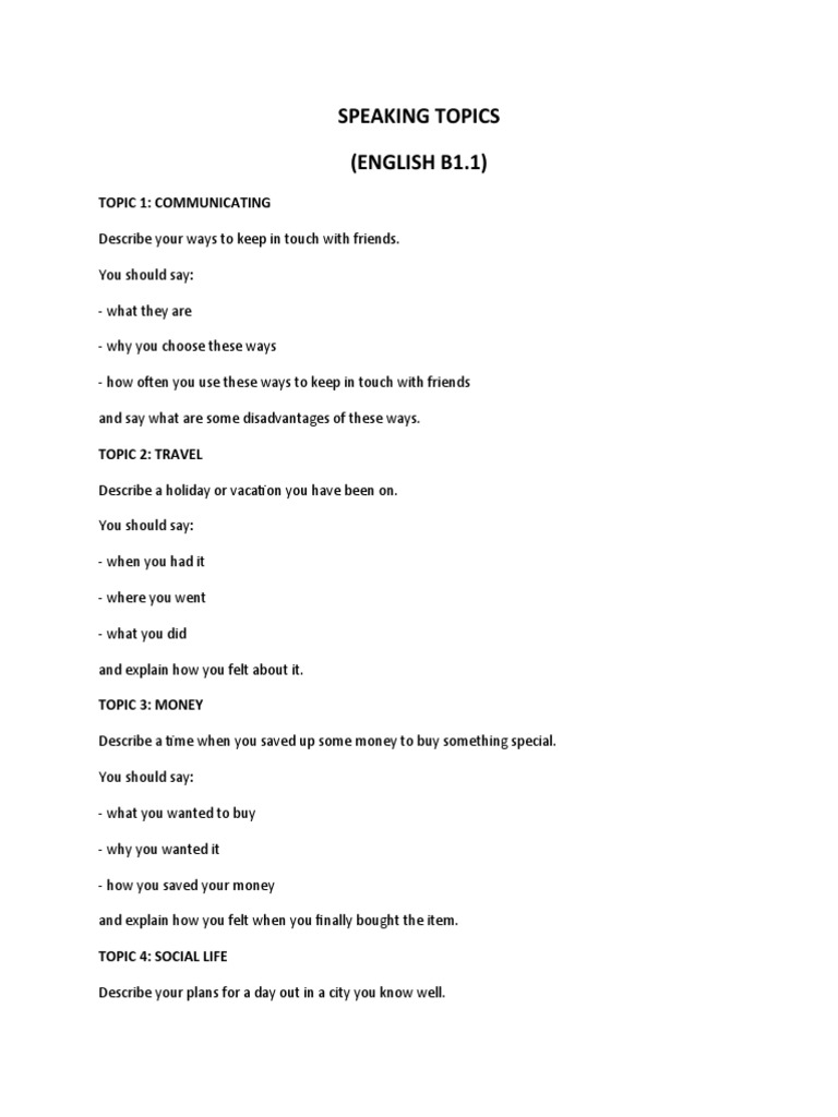 Speaking Topics (ENGLISH B1.1) : Topic 1: Communicating | PDF | Self ...