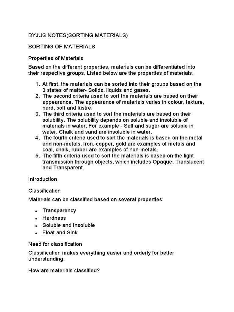 Byjus Notes Sorting Materials | PDF | Buoyancy | Density