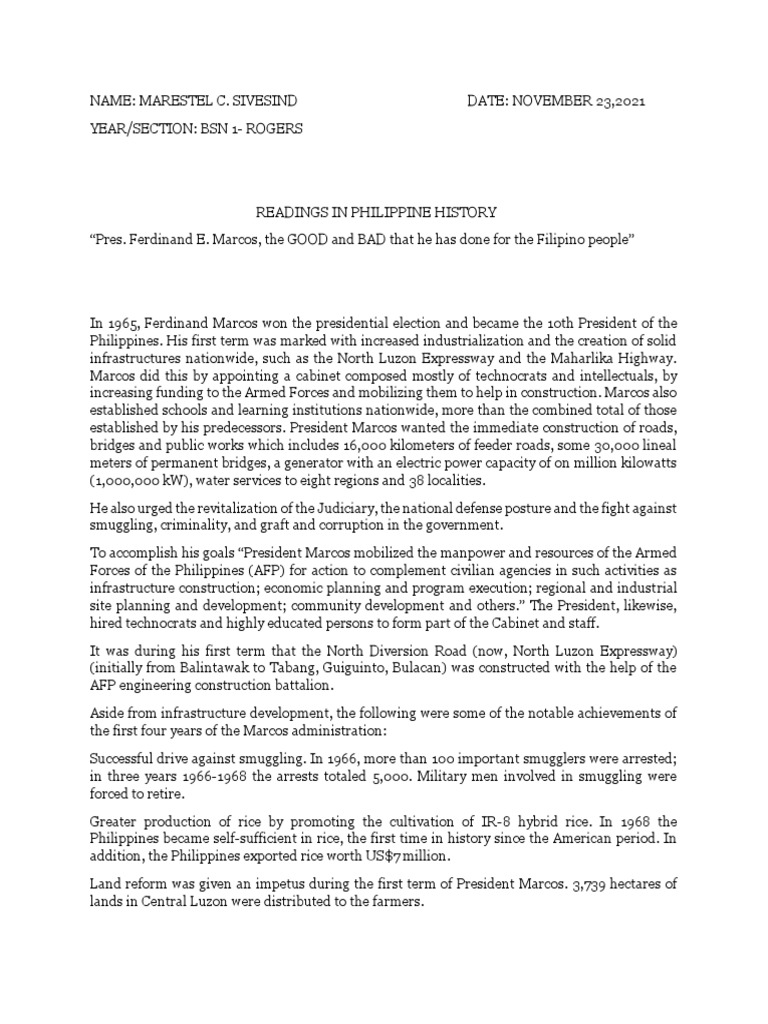 Good and Bad of Ferdinand Marcos | PDF | Recession | Philippines