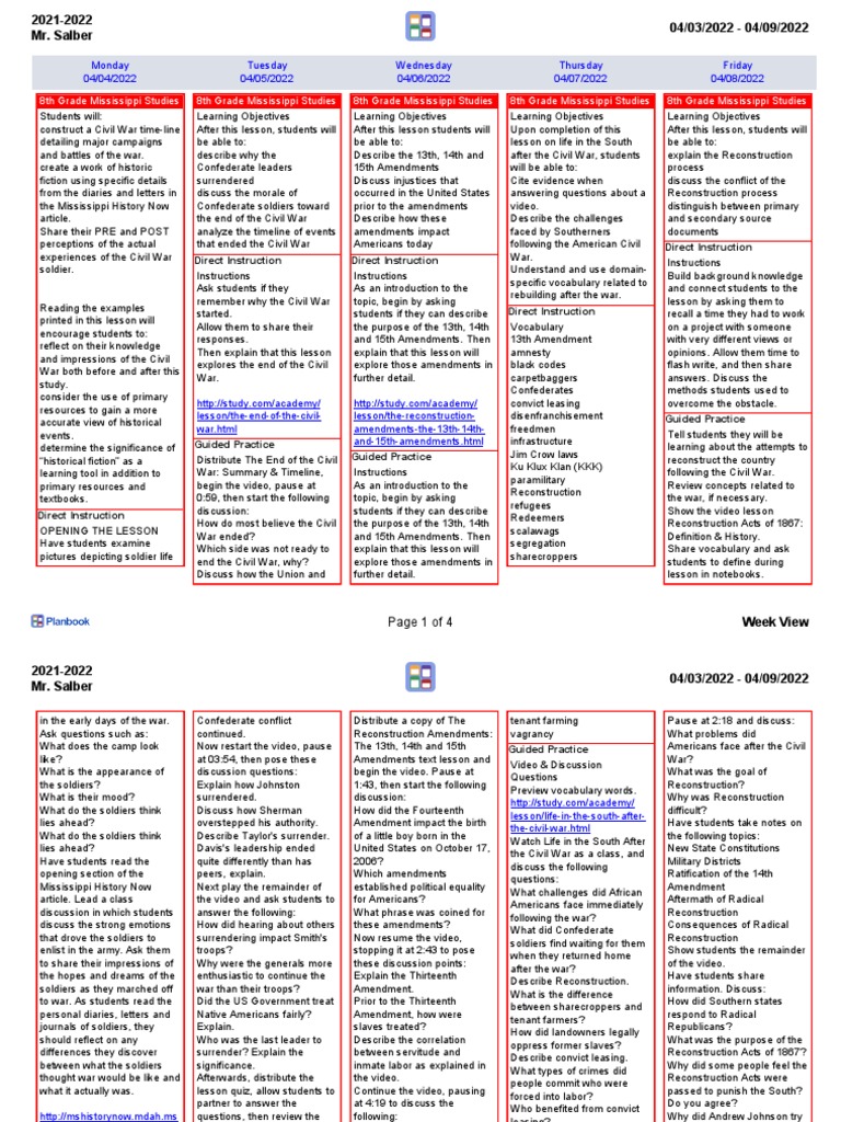 8th Grade MS Studies - 4th Quarter Week 1 | PDF | Reconstruction Era ...