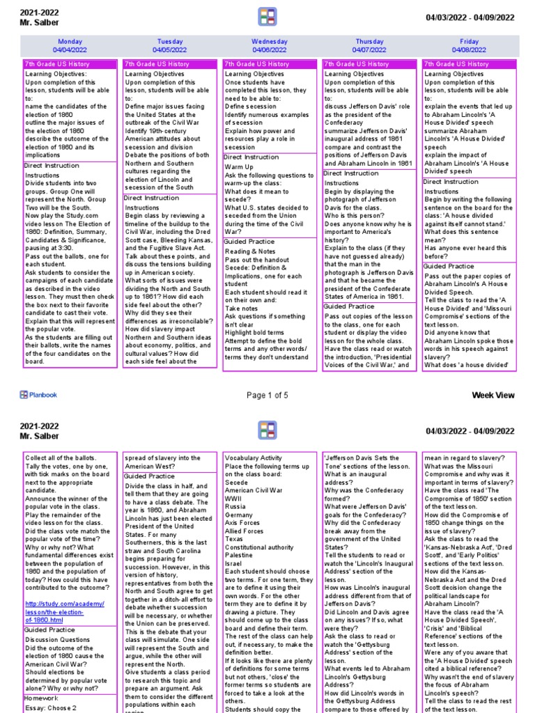 7th Grade US History - 4th Quarter Week 1 | PDF | Abraham Lincoln ...