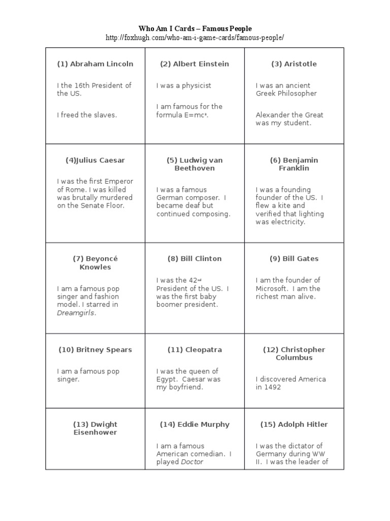 Who Am I Cards - Famous People: Dreamgirls | PDF | History