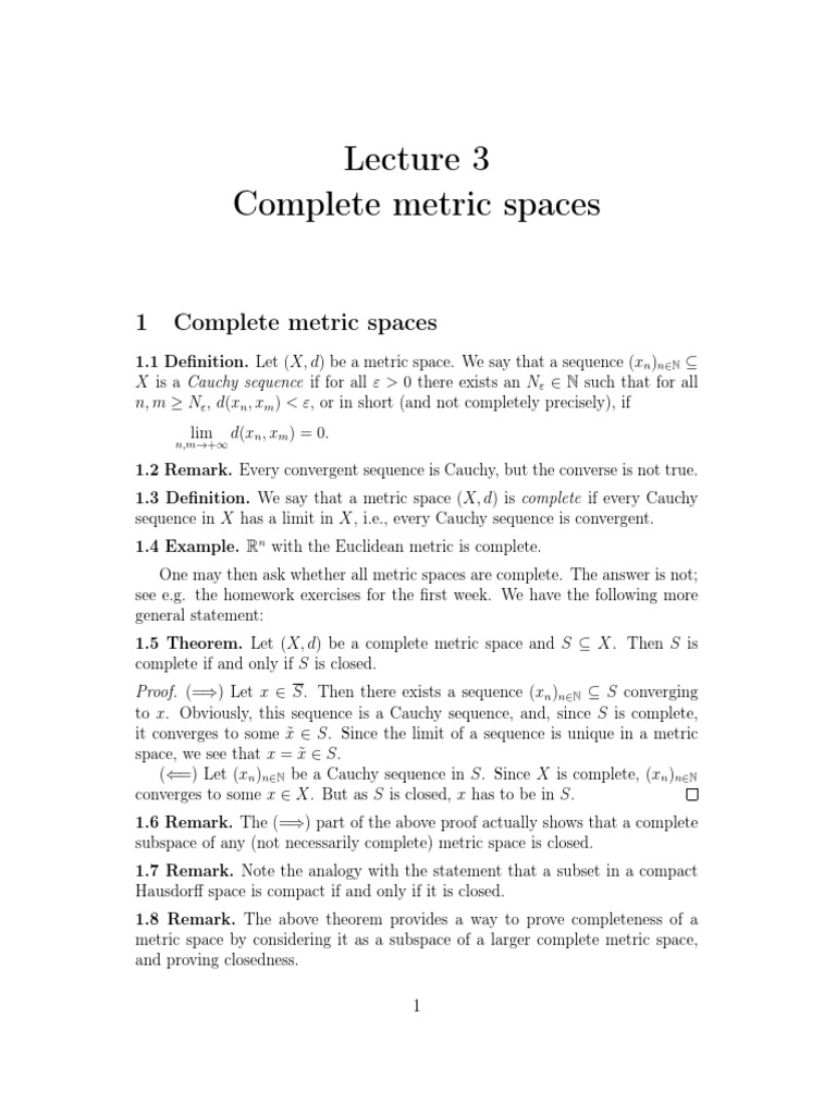 1 Complete Metric Spaces | PDF | Metric Space | Geometry