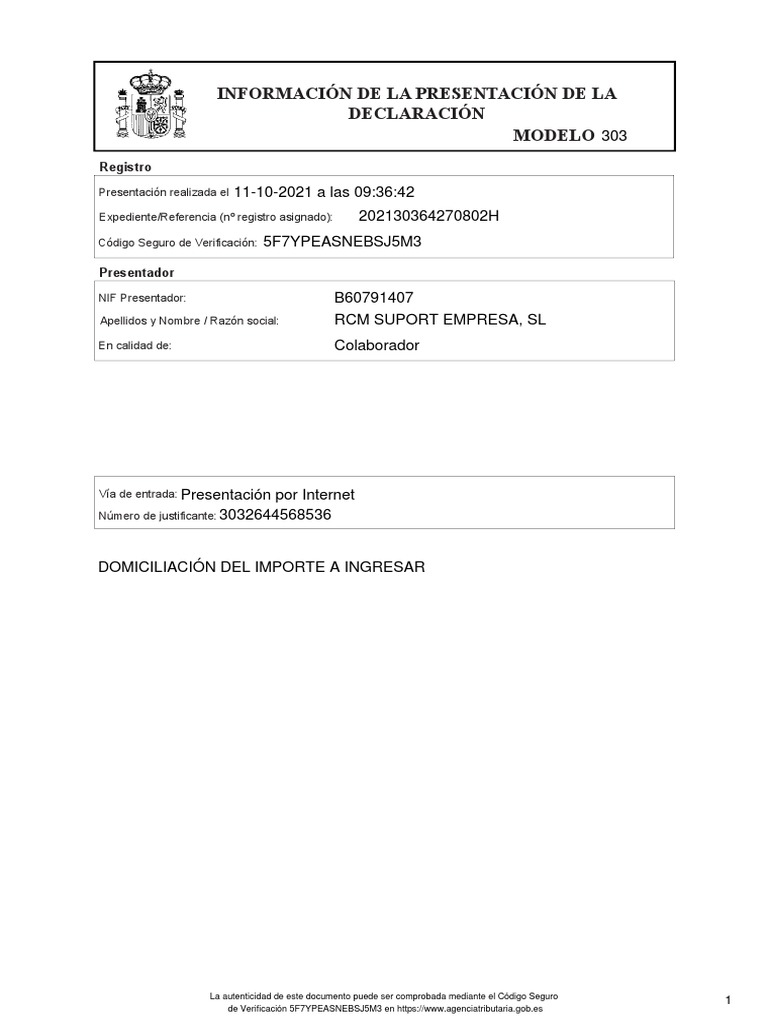 Presentación del Modelo 303 de IVA | PDF | Transferencia bancaria | Dinero