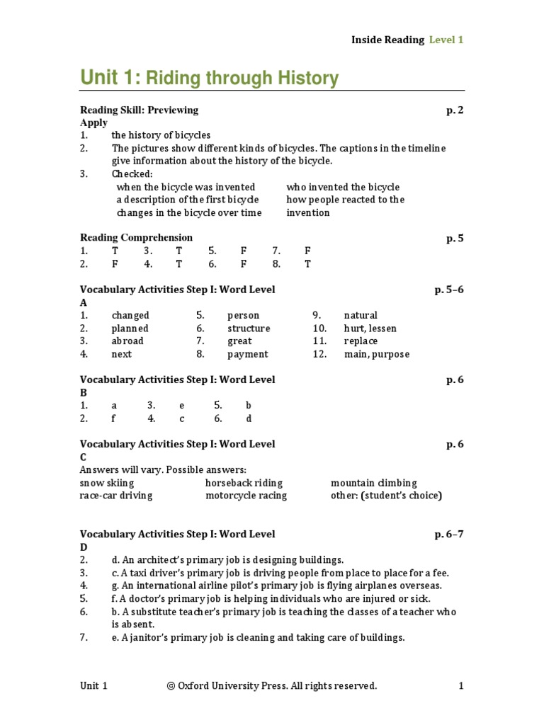 Inside Reading 1 Answer Key | PDF | Reading Comprehension | Malaria