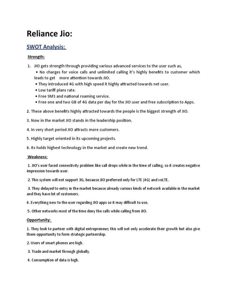 An in-depth SWOT analysis of Reliance Jio highlighting its strengths ...