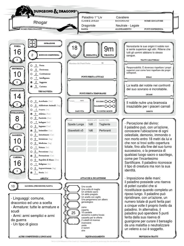 DD 5e Scheda Personaggio Paladino | PDF