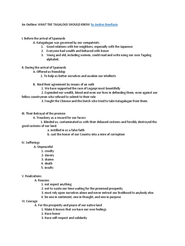 An Outline What The Tagalogs Should Know - Bacat | PDF