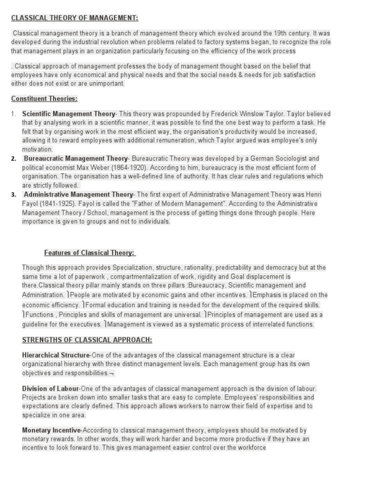 Classical Management Theory Overview | PDF | Employment | Leadership