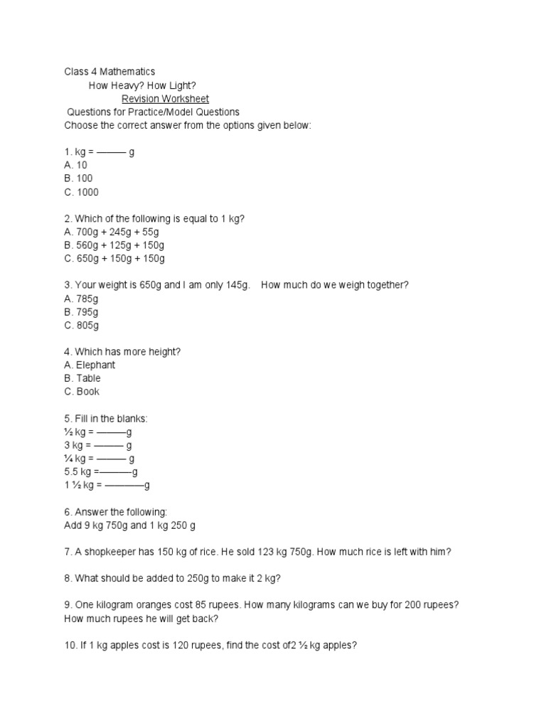 Class 4 Mathematics Worksheet How Heavy - How Light | PDF