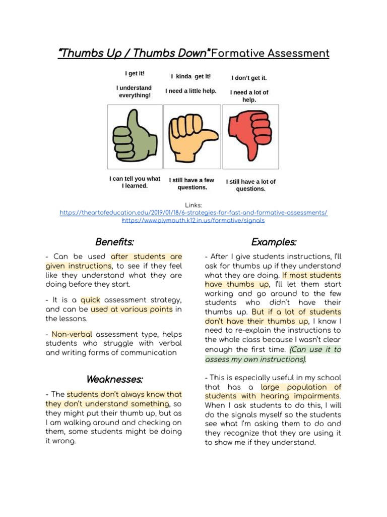 "Thumbs Up / Thumbs Down" Formative Assessment: Benefits: Examples | PDF