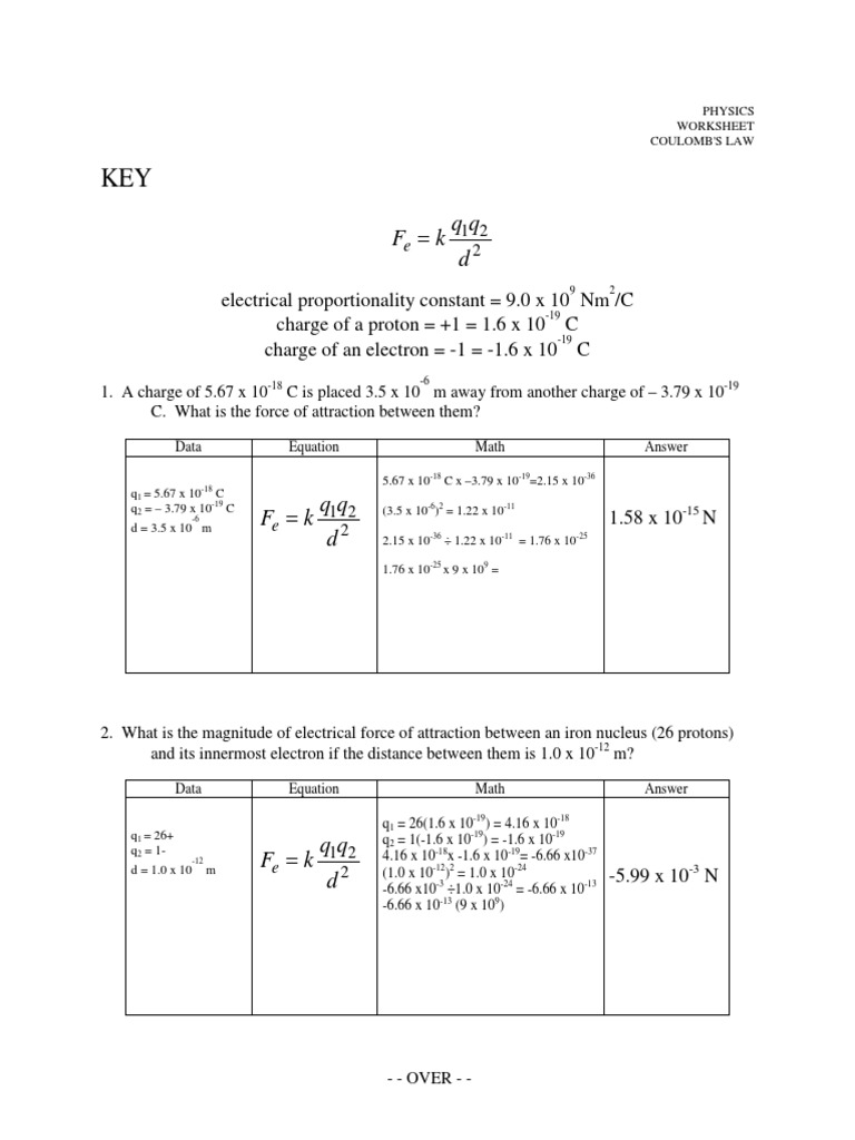 Coulombs Law Worksheet Answers4 | PDF | Electric Charge | Electron