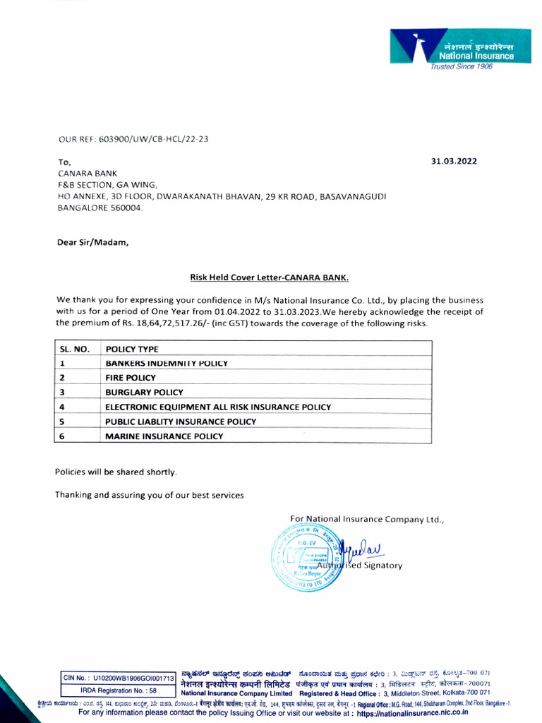 Risk Held Cover Letter FY 2022-23 | PDF | Insurance | Business