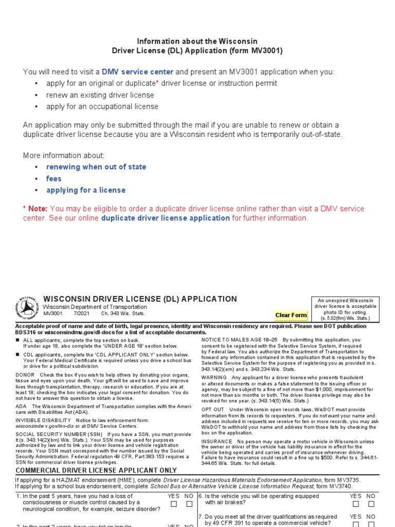 Information About The Wisconsin Driver License (DL) Application (Form ...