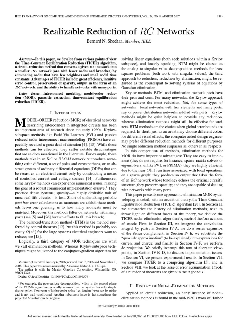 Realizable Reduction of RC Networks | PDF | Electrical Network ...