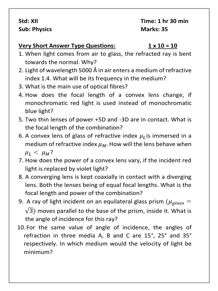 Ray Optics Questions March 24 | PDF | Refraction | Prism