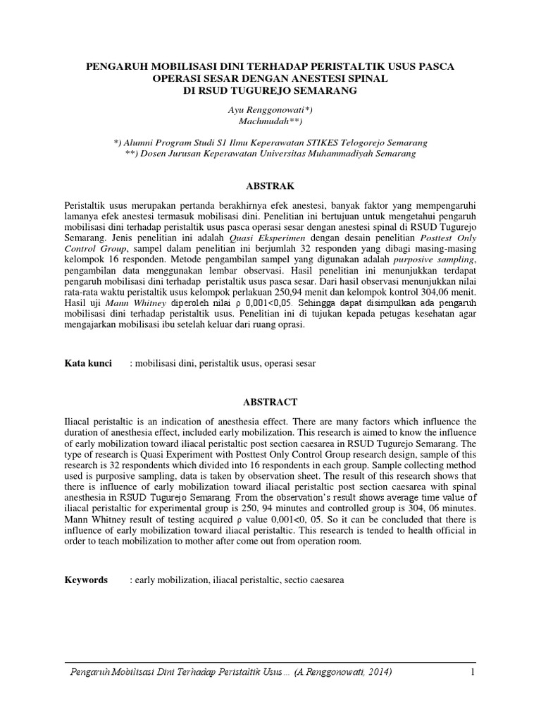 Pengaruh Mobilisasi Dini Terhadap Peristaltik Usus Pasca Operasi Sesar ...