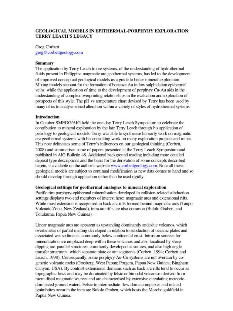 Geological Models in Epithermal Porphyry Exploration Terry Leach Legacy ...