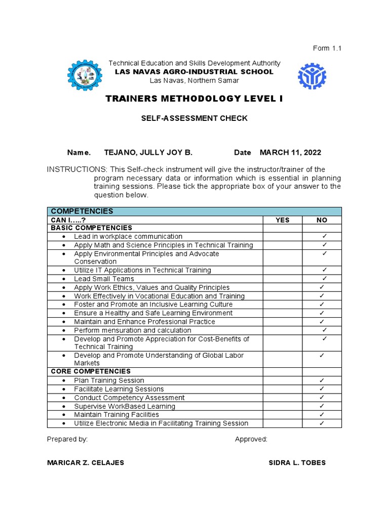 Trainers Methodology Level I: Self-Assessment Check | PDF | Vocational ...