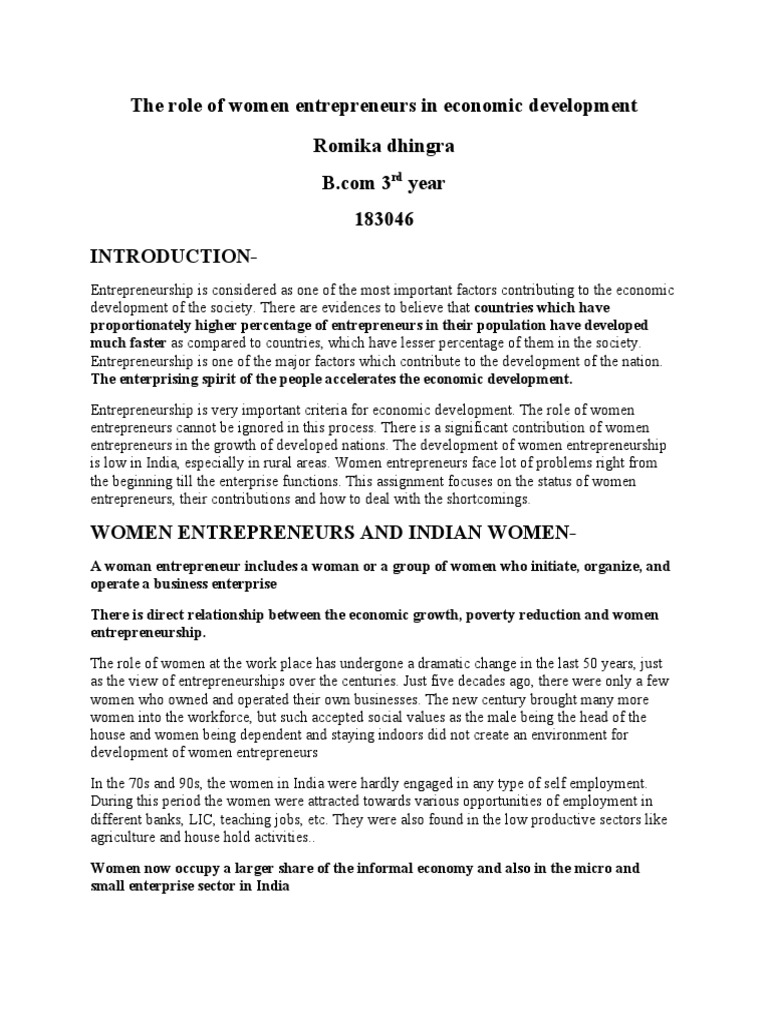 The Role of Women Entrepreneurs in Economic Development | PDF ...