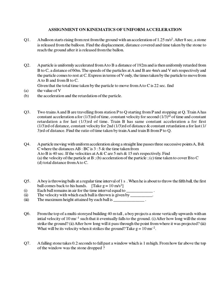 Assignment On Kinematics Of Uniform Acceleration Pdf Acceleration
