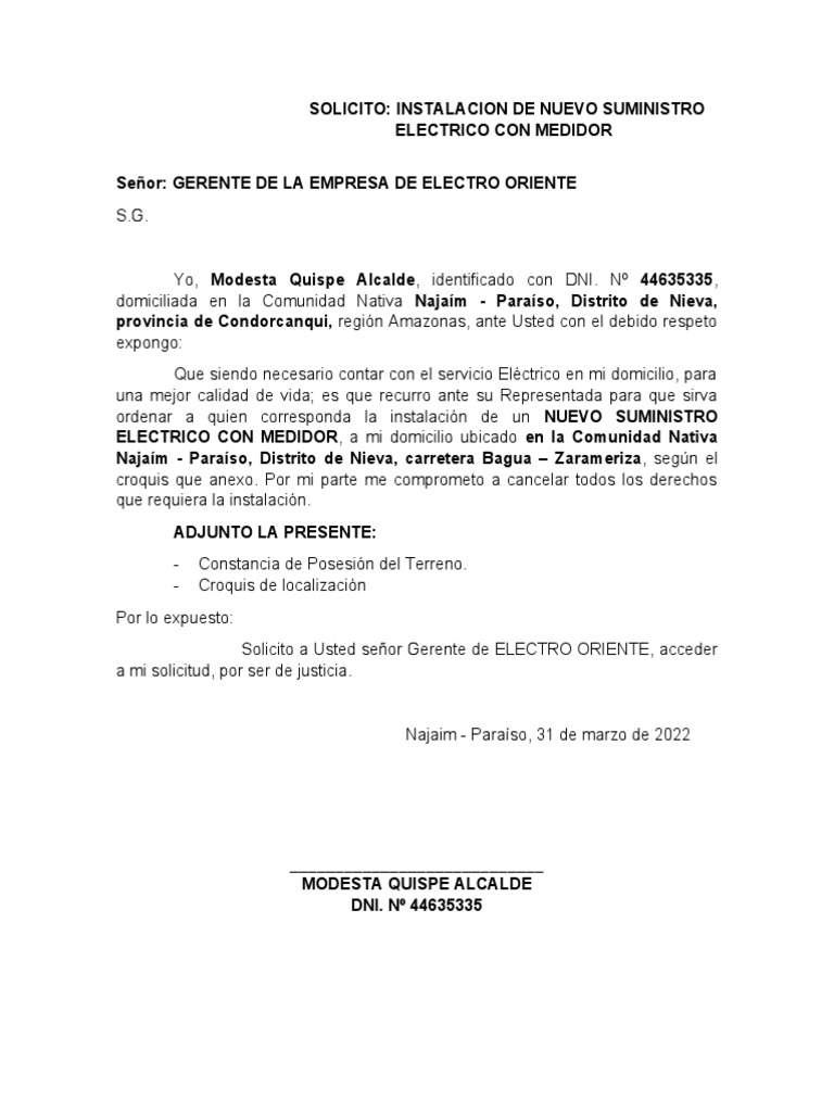 Solicitud de instalación de nuevo suministro eléctrico con medidor en comunidad nativa | PDF